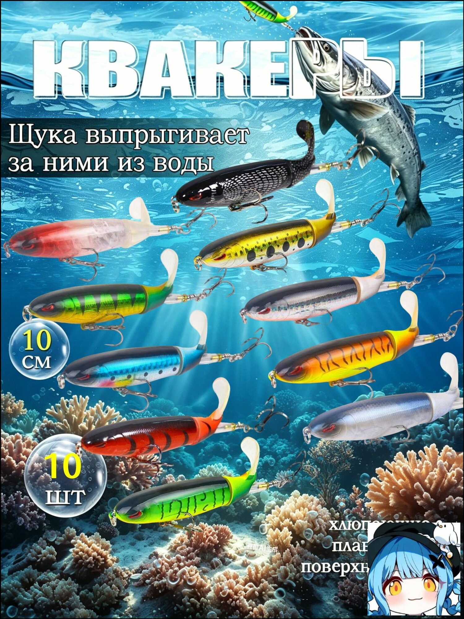 Воблер квокер Пропбейт Поппер Whooper с вращающимся хвостом, 10 шт, для рыбалки на хищника