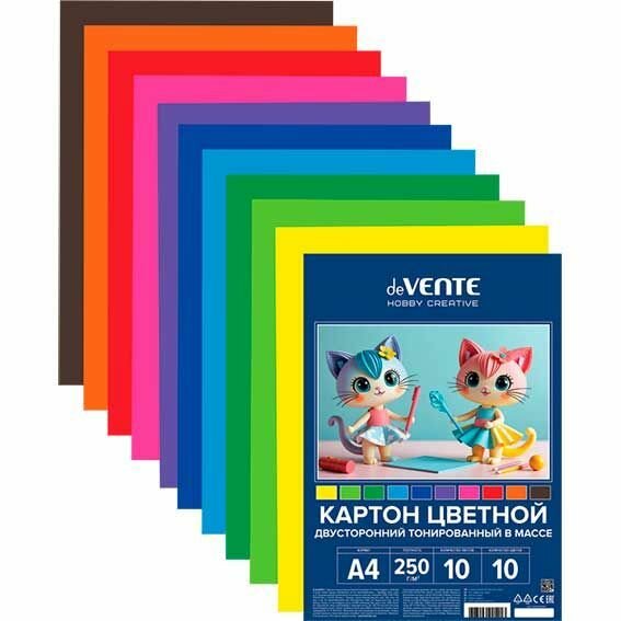 Картон цветной двусторонний тонированный А4 10л 10цв deVENTE 8114529, пластиковый пакет, европодвес