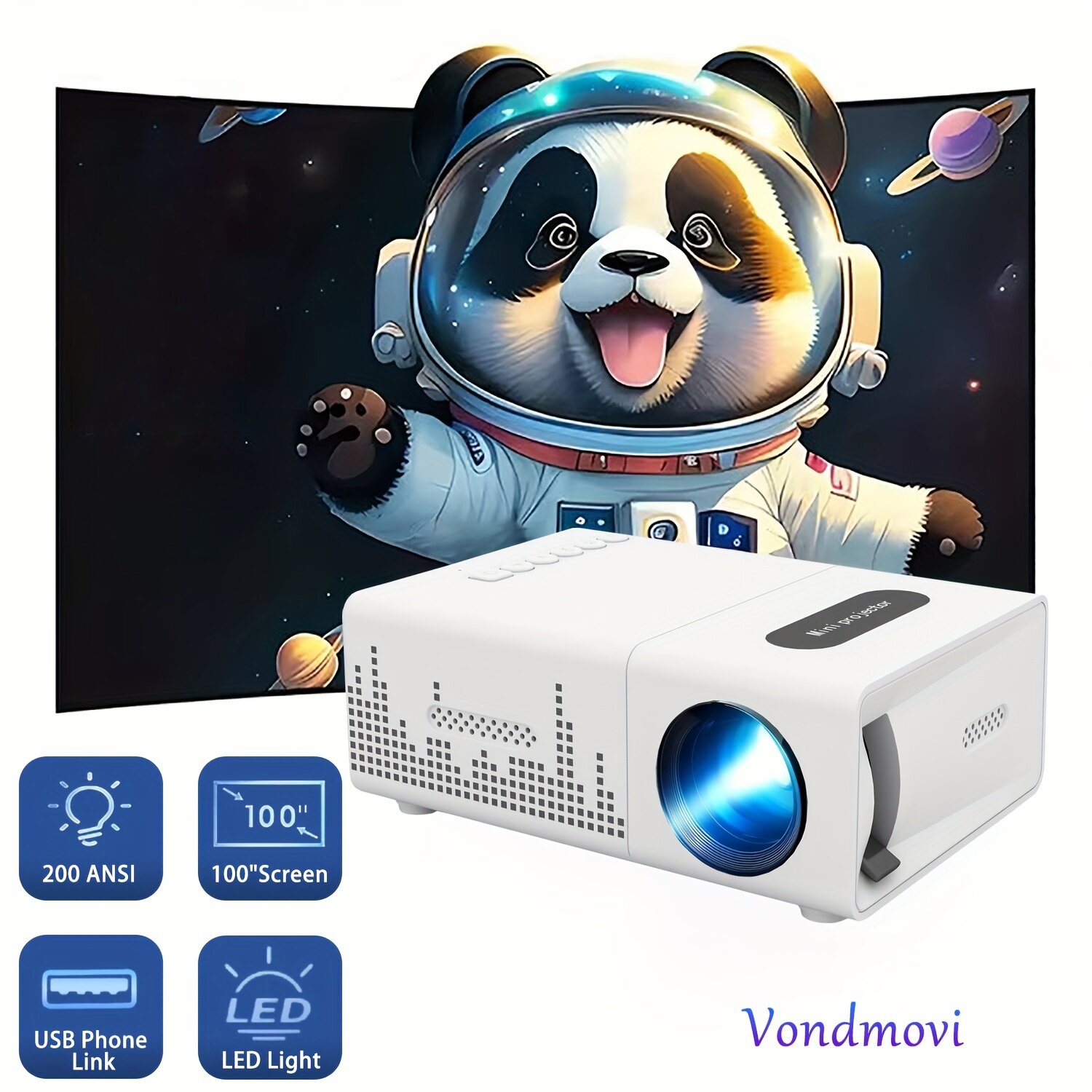 Этот портативный мини-проектор VONDMOVI с разрешением 1080P HD и яркостью 200 ANSI люмен — это идеальный выбор для создания домашнего кинотеатра или для просмотра контента на улице