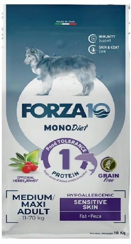 Forza10 MonoDiet Sensitive Skin Mini & Toy Adult сухой корм для взрослых собак средних пород при чувствительной коже с рыбой 10 кг
