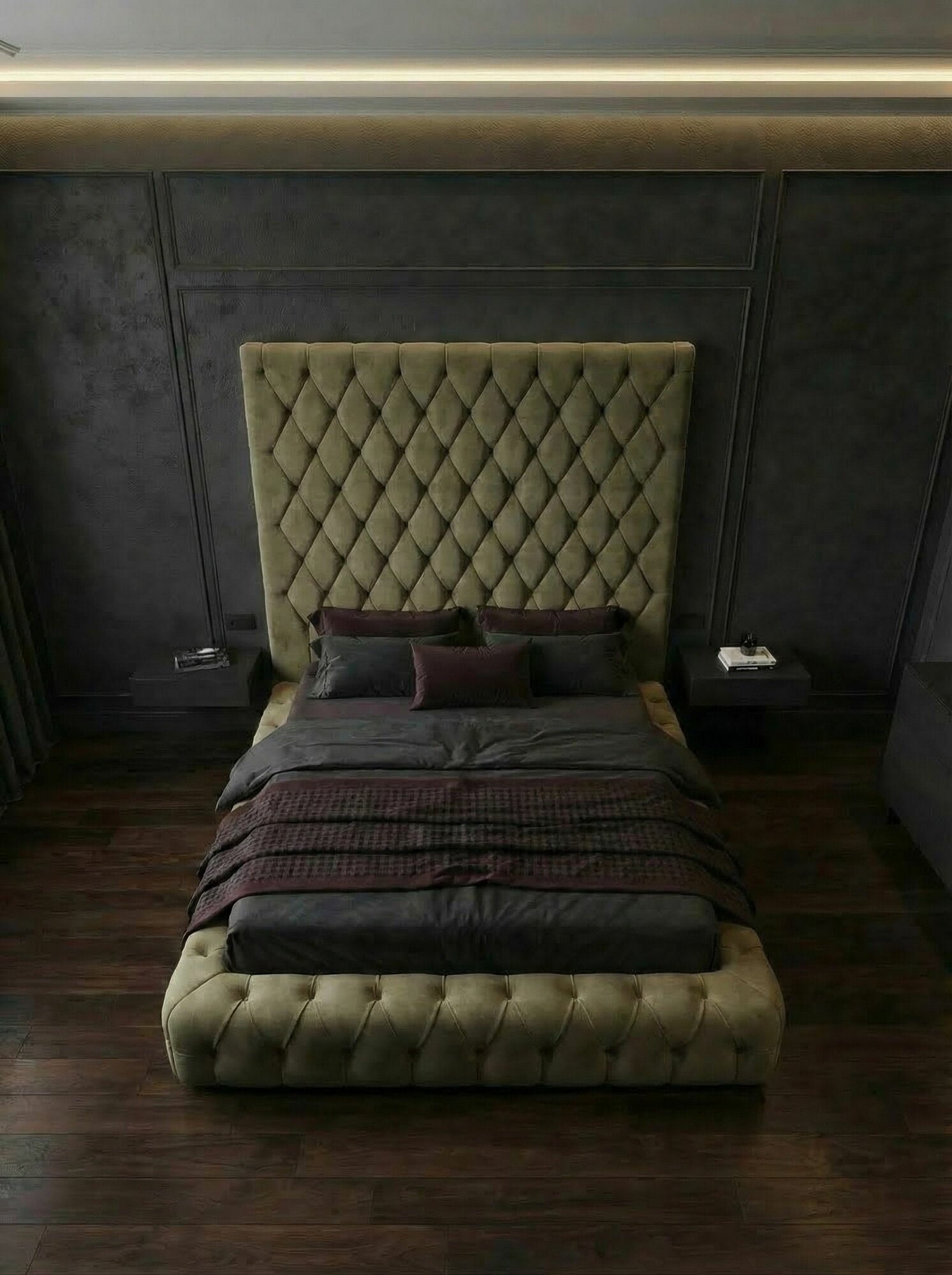 Двуспальная кровать 160x200, Decoro, с мягким изголовьем, с ящиком, велюр, оливковый
