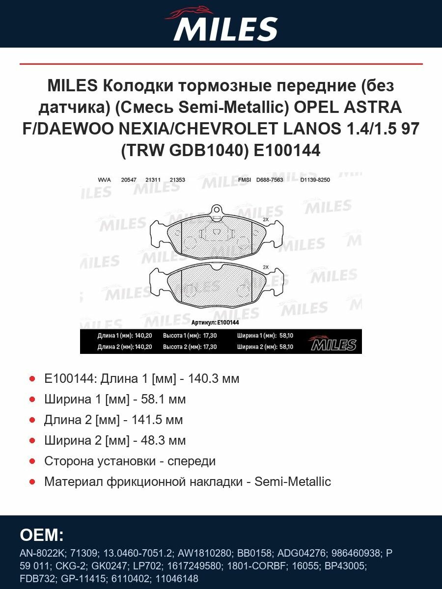 MILES Колодки тормозные передние (без датчика) (Смесь Semi-Metallic) OPEL ASTRA F/DAEWOO NEXIA/CHEVROLET LANOS 1.4/1.5 97 (TRW GDB1040) E100144