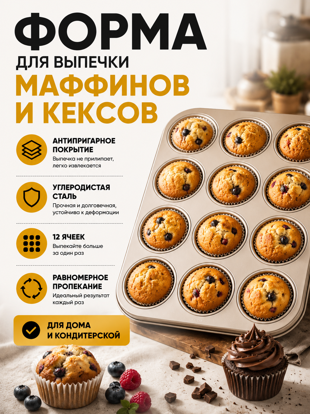 Форма для выпечки кексов и маффинов, металлическая, антипригарная, 12 ячеек