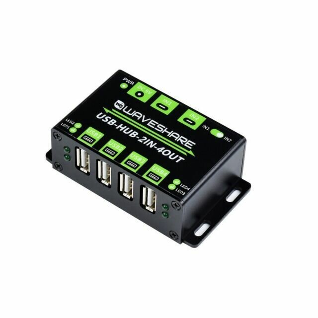 Промышленный USB концентратор Waveshare USB-HUB-2IN-4OUT-EU 2 переключаемых Type-C входа 4 Type-A выхода 5V/1.2A