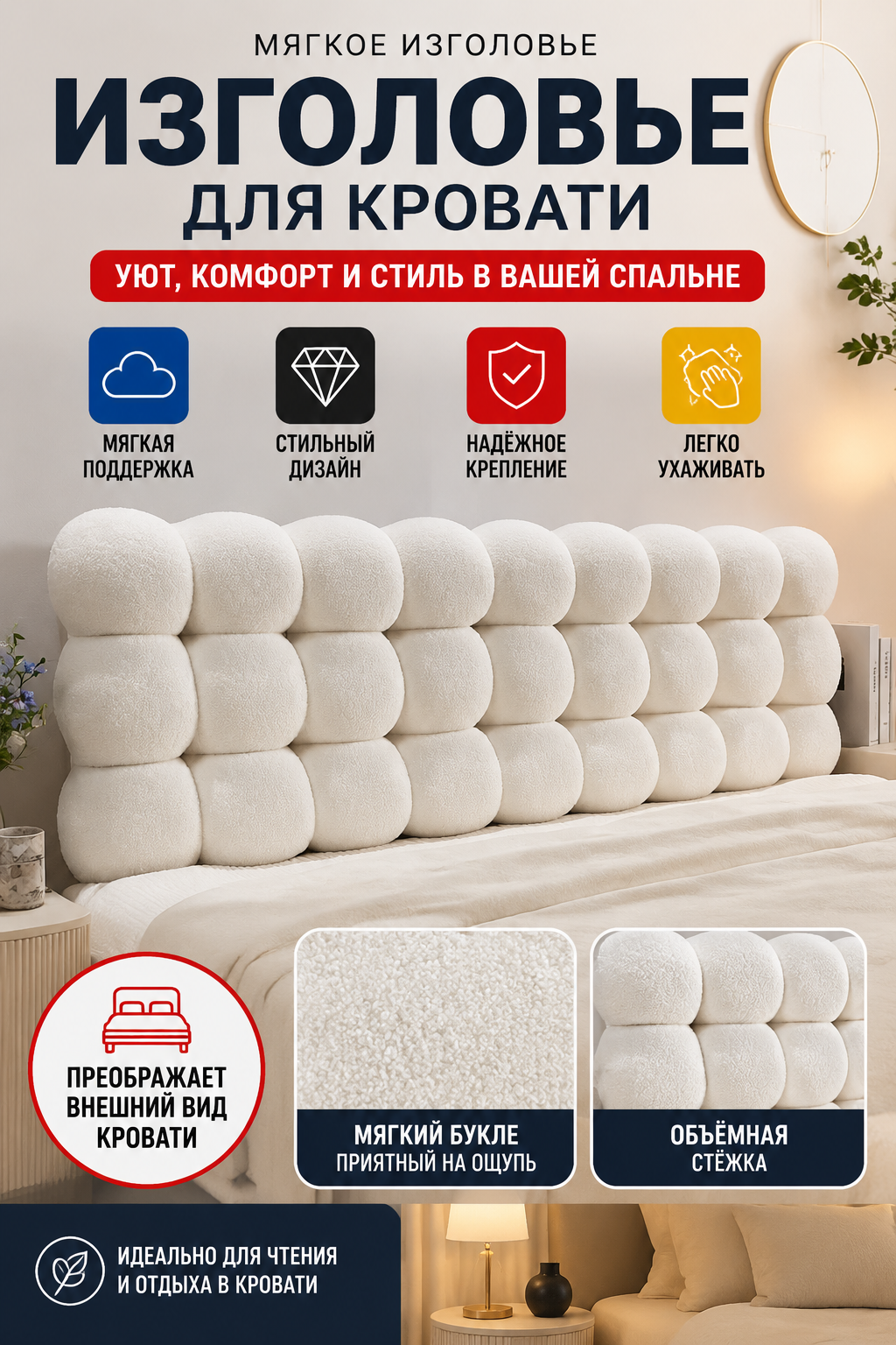 Декоративная подушка-спинка для кровати с круглыми элементами, белая, мягкая, для спальни