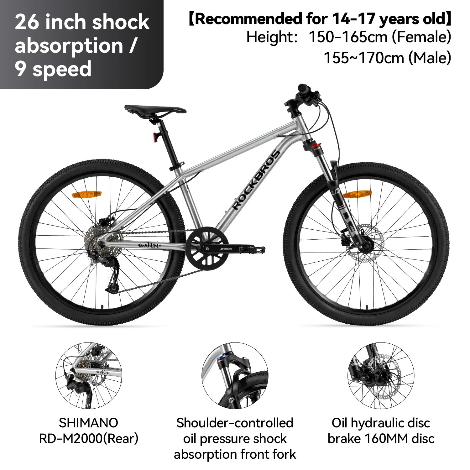 Рокброс MTB Горный велосипед Легкий 20 дюймов 24 дюйма 26 дюймов 7-9 скоростей Задний переключатель Дисковые тормоза Велосипед для подростков учащихся
