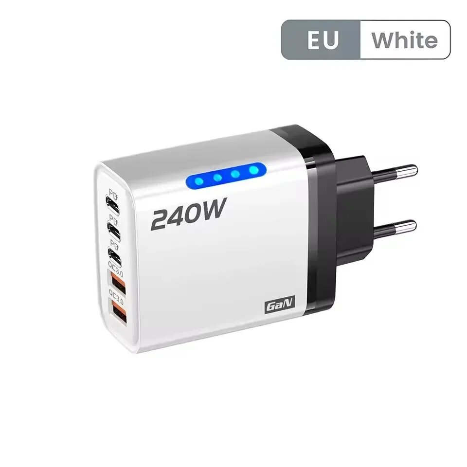 Зарядное Устройство GaN 5-в-1 240 Вт С LED-подсветкой, 2 USB + 3 Type-C Белый, White-EU