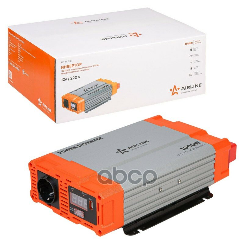 Инвертор 12V->220V, 1000 Вт AIRLINE арт. API-1000-07