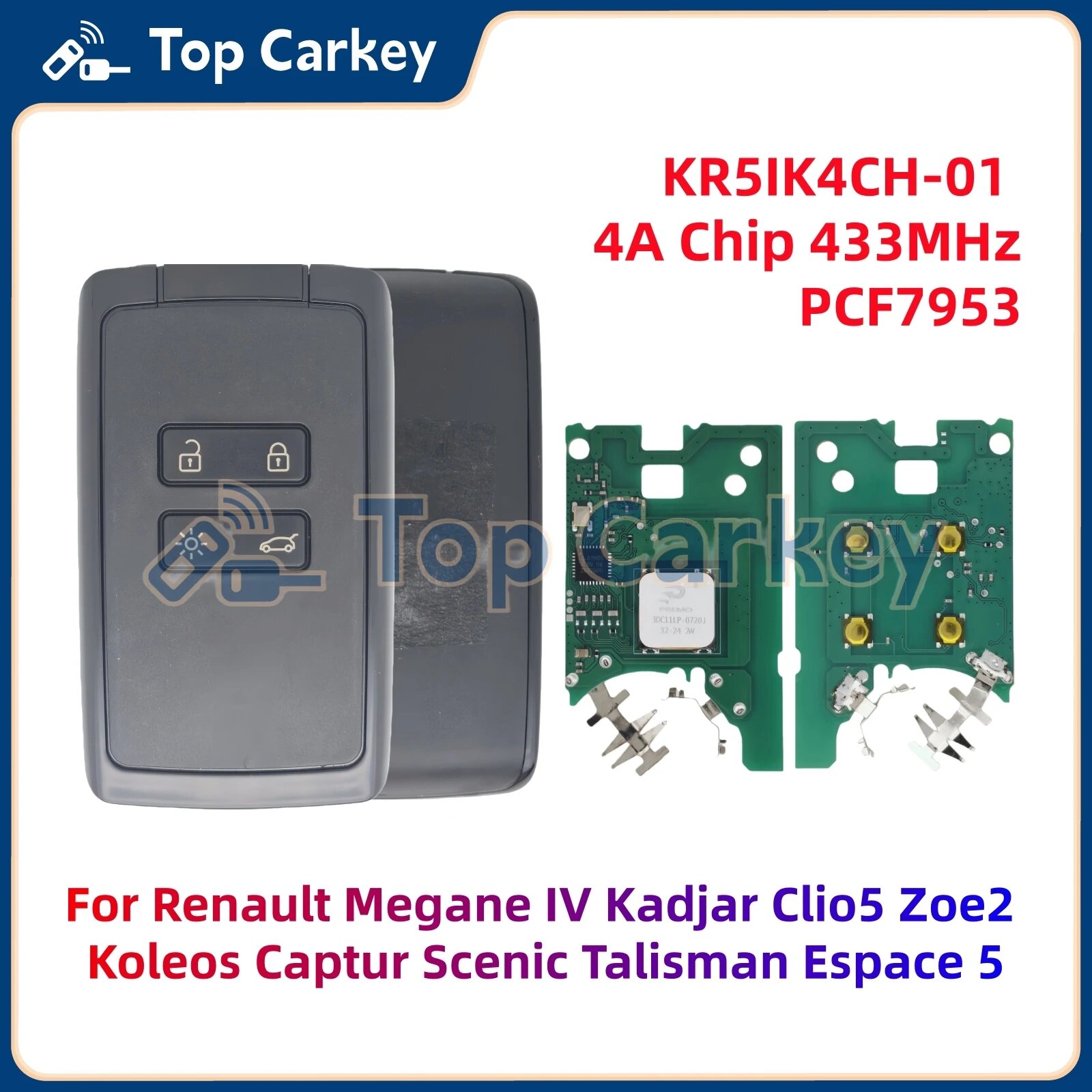 TopCarkey KR5IK4CH-01 Дистанционный ключ 4A чип 433 МГц для Renault Megane IV Kadjar Clio5 Zoe2 Koleos Captur Scenic Talisman Espace 5