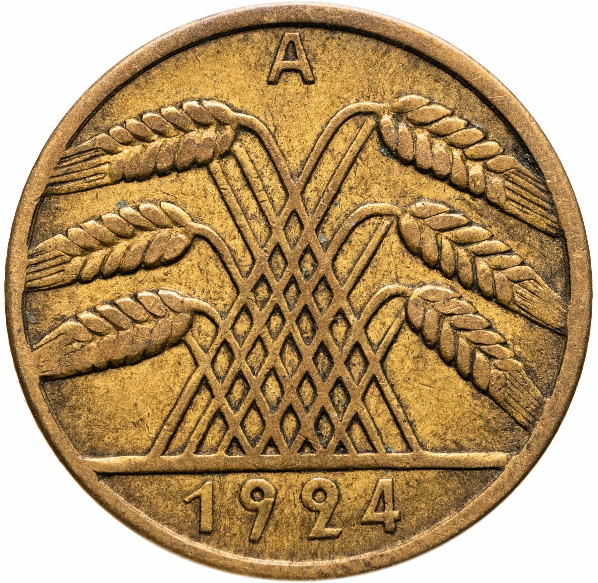 Германия 10 рентных пфеннигов rentenpfennig 1924 "A", Алюминиевая бронза, в сохранности XF