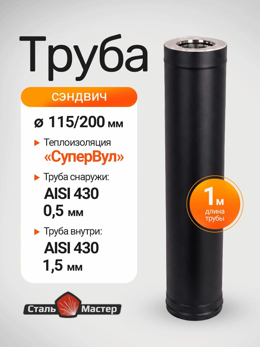 Сэндвич труба дымохода 115 200 1 м из нержавейки AISI 430 1,5 мм / нерж 0,5 мм с керамическим волокном супервул, черная