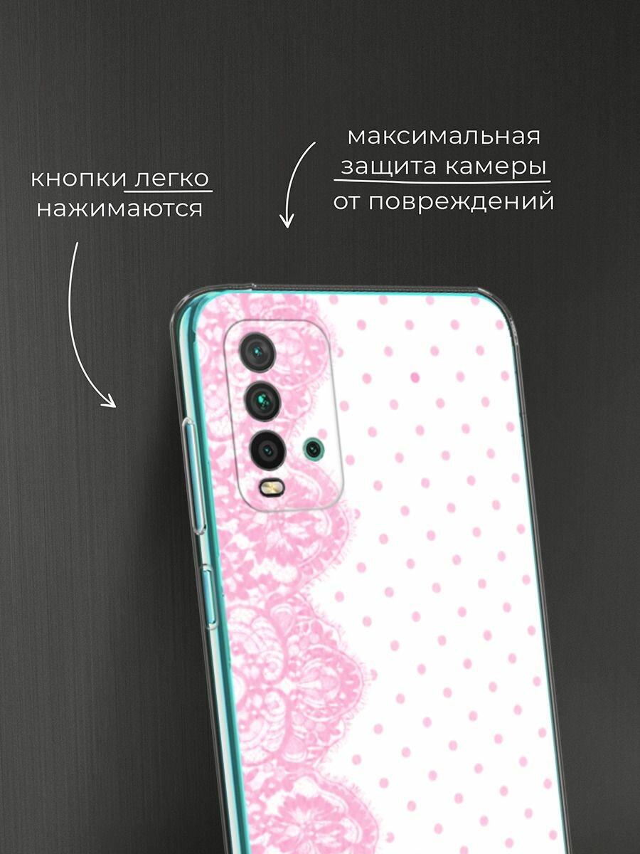 Чехол на Xiaomi Redmi 9T / Сяоми Редми 9Т с принтом Розовое кружево и горошек — фото 1