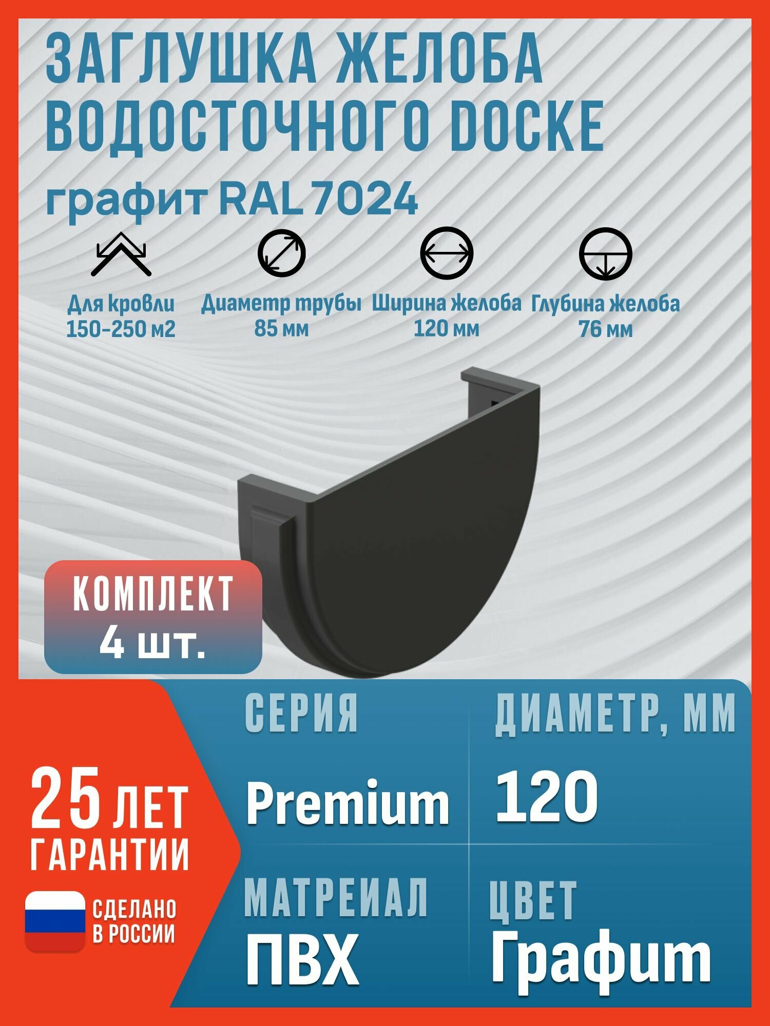 Заглушка желоба водосточного Docke LUX, графит (RAL 7024), 4 шт. / Заглушка желоба Деке Люкс
