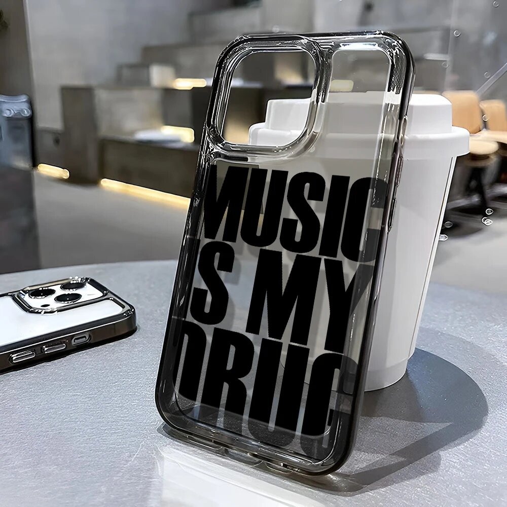 Серый чехол для iPhone 14 "Music is my drug"