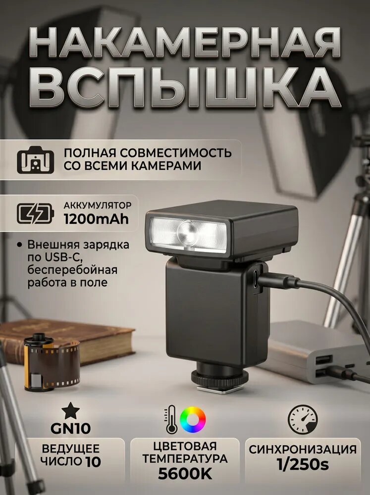 Мини накамерная вспышка для фотоаппарата, беспроводная, универсальная, 1200mAh