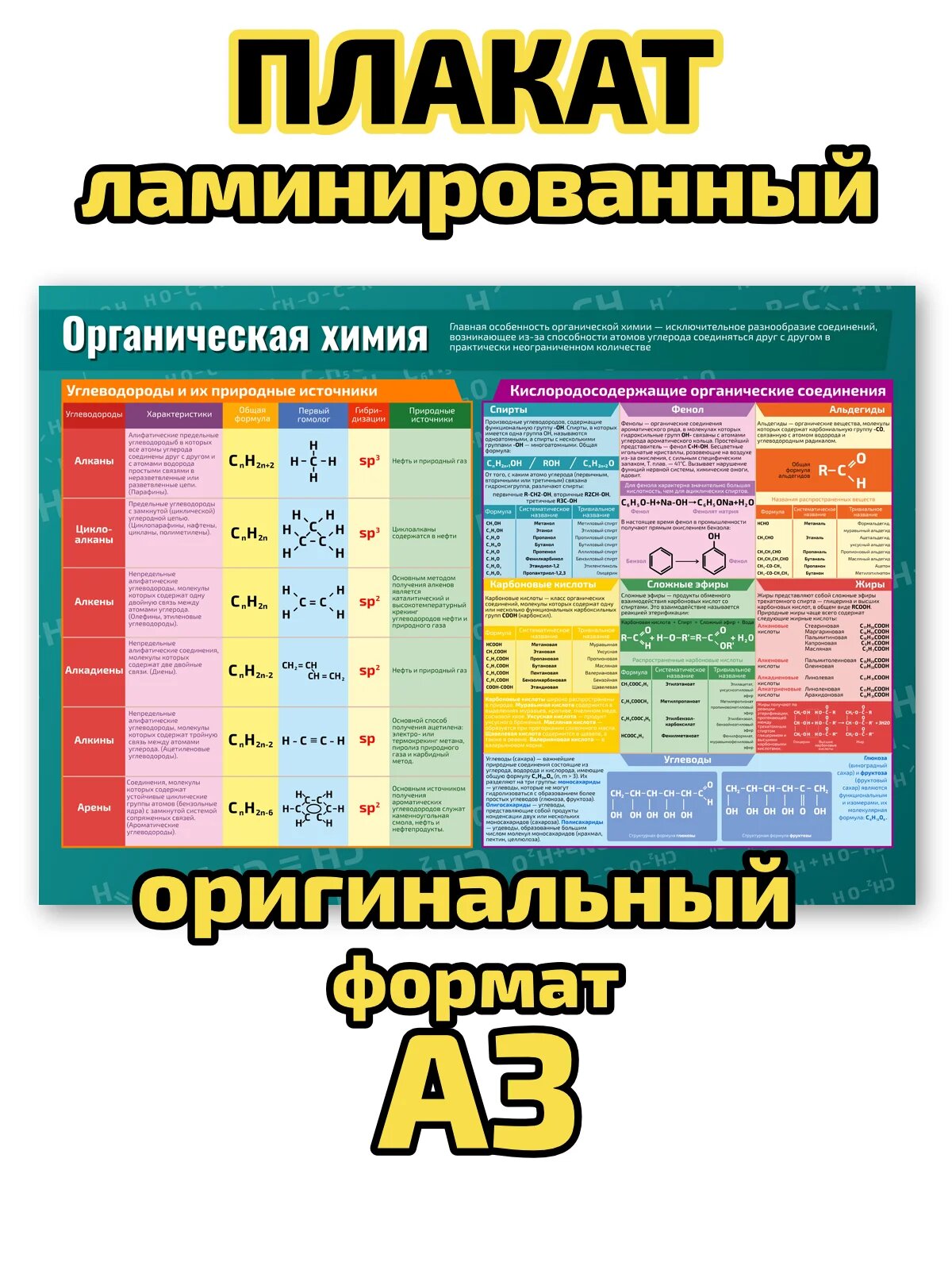 Плакат Квинг "Органическая химия", ламинированный, А3, для изучения органической химии