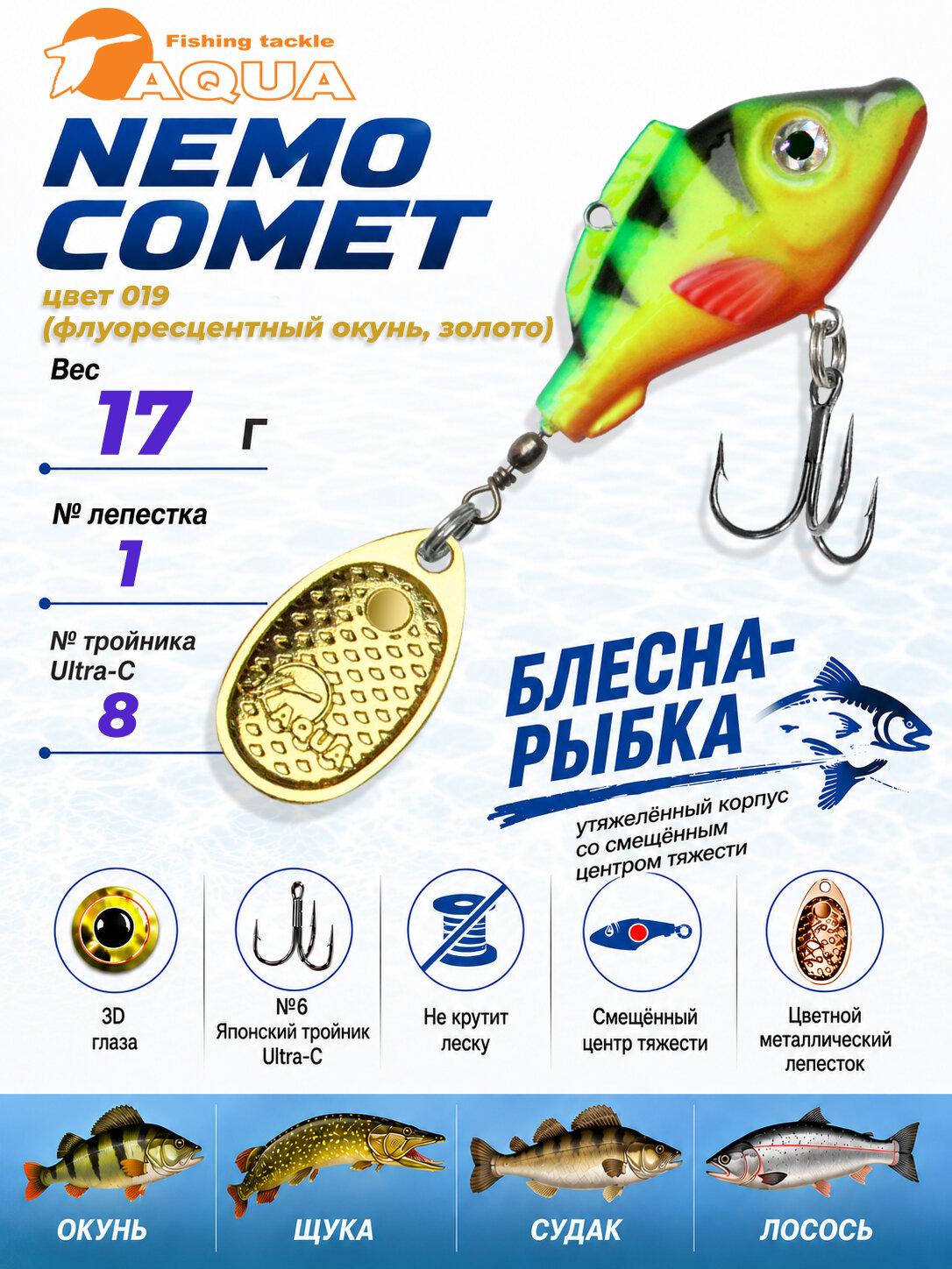 Блесна вертушка для рыбалки AQUA Немо Comet 17g лепесток №1, цвет 019