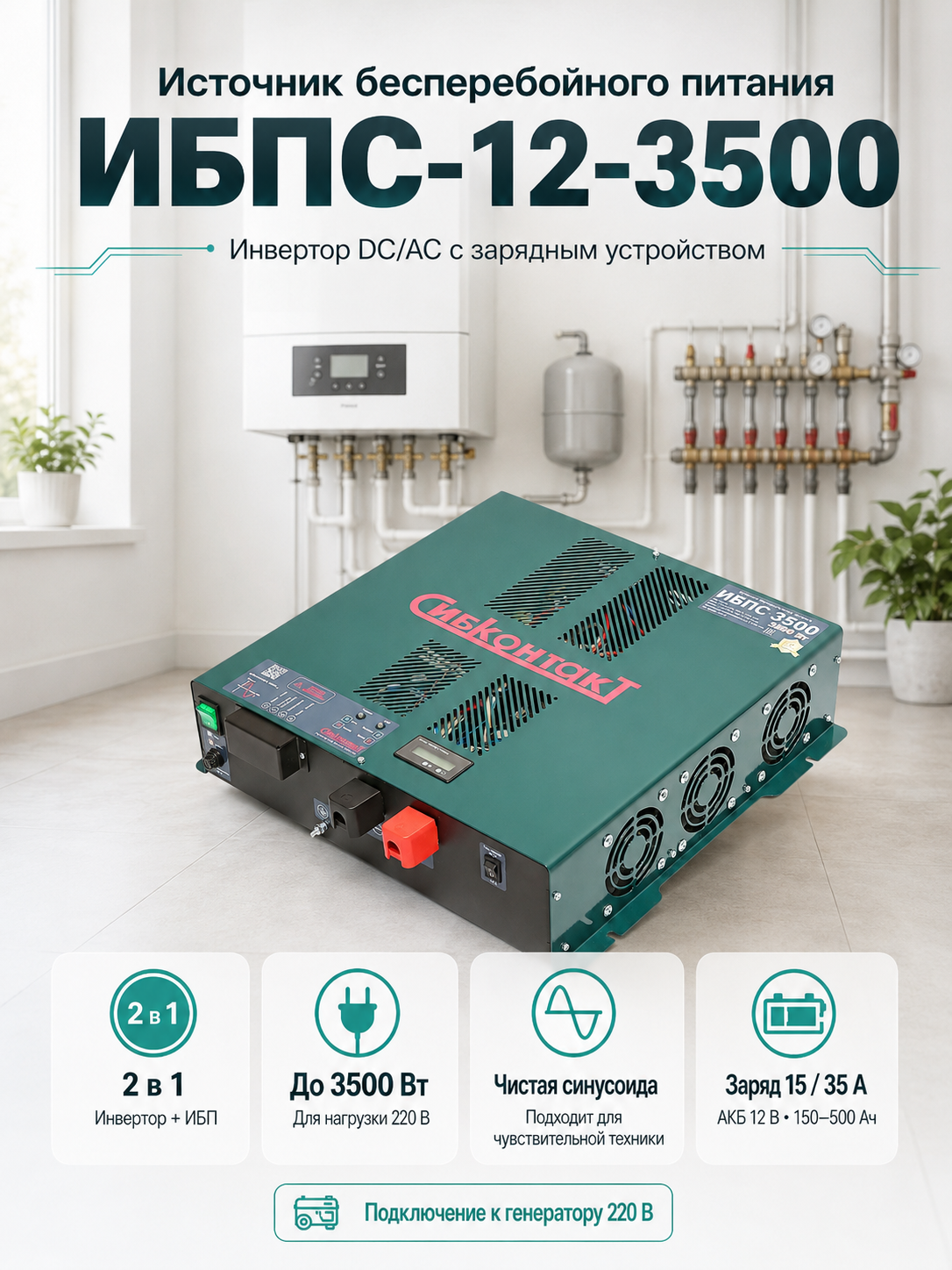Источник бесперебойного питания Сибконтакт ИБПС-12-3500 OffLine, инвертор DC/AC с зарядным устройством, 12 В/220 В, 3500 Вт