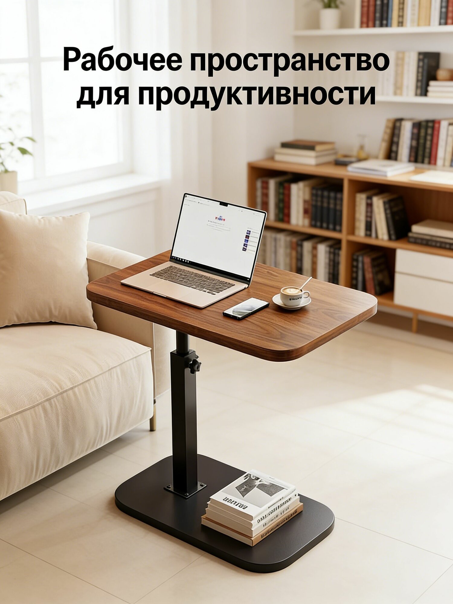 Подъемный боковой столик для дивана и кровати — столешница вращается на 360°, регулировка высоты, в нескольких цветах, черный