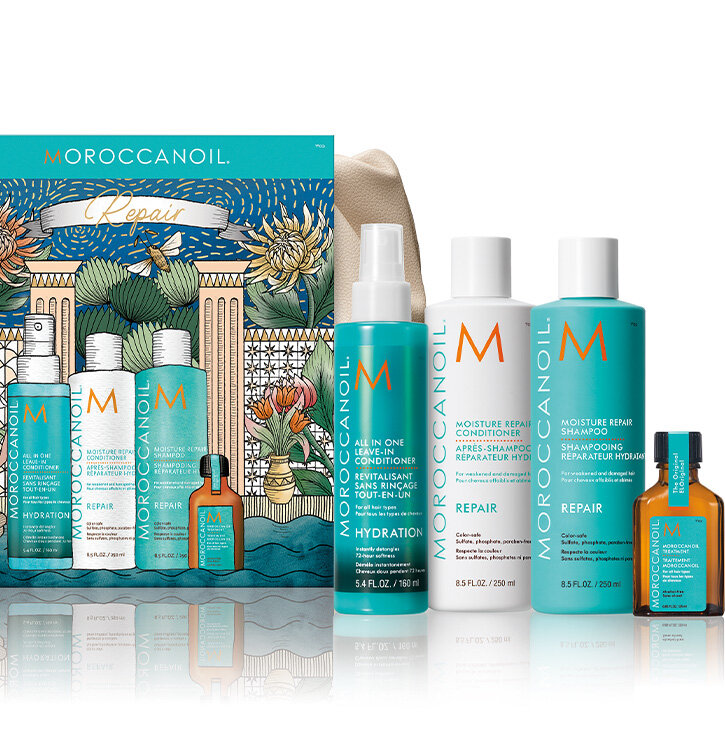 Moroccanoil Набор Восстановление (Шампунь 250 мл + Кондиционер 250 мл + Несмываемый кондиционер 160 мл + Масло 25 мл + Косметичка)