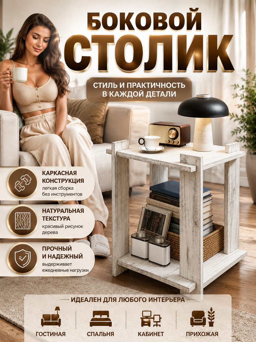 Боковой столик универсальный с нижней полкой, надежная деревянная мебель для размещения лампы, посуды в гостиной, спальне и рабочем кабинете