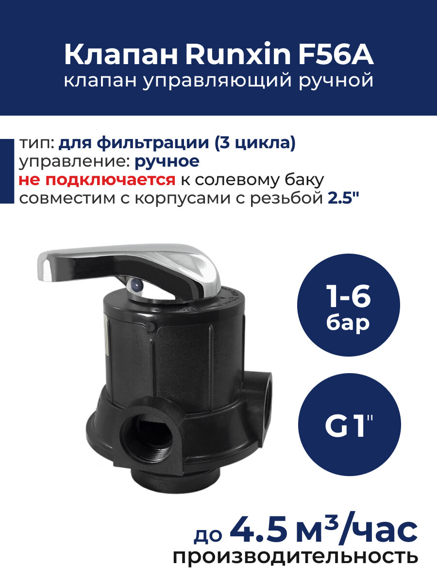 Ручной клапан управления Runxin F56A для фильтрации, присоединение 1"