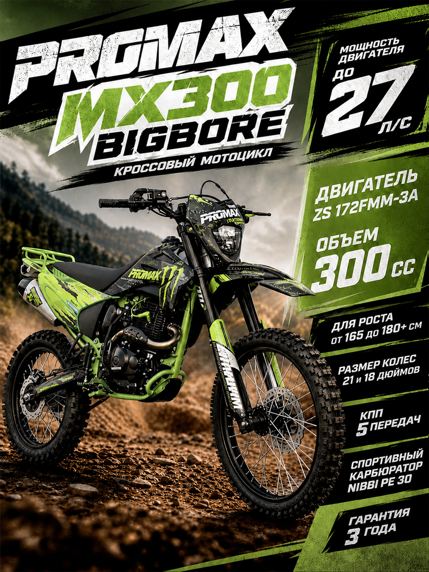Мотоцикл Эндуро Кроссовый PROMAX MX300 BigBore / 300 кубов (300сс)