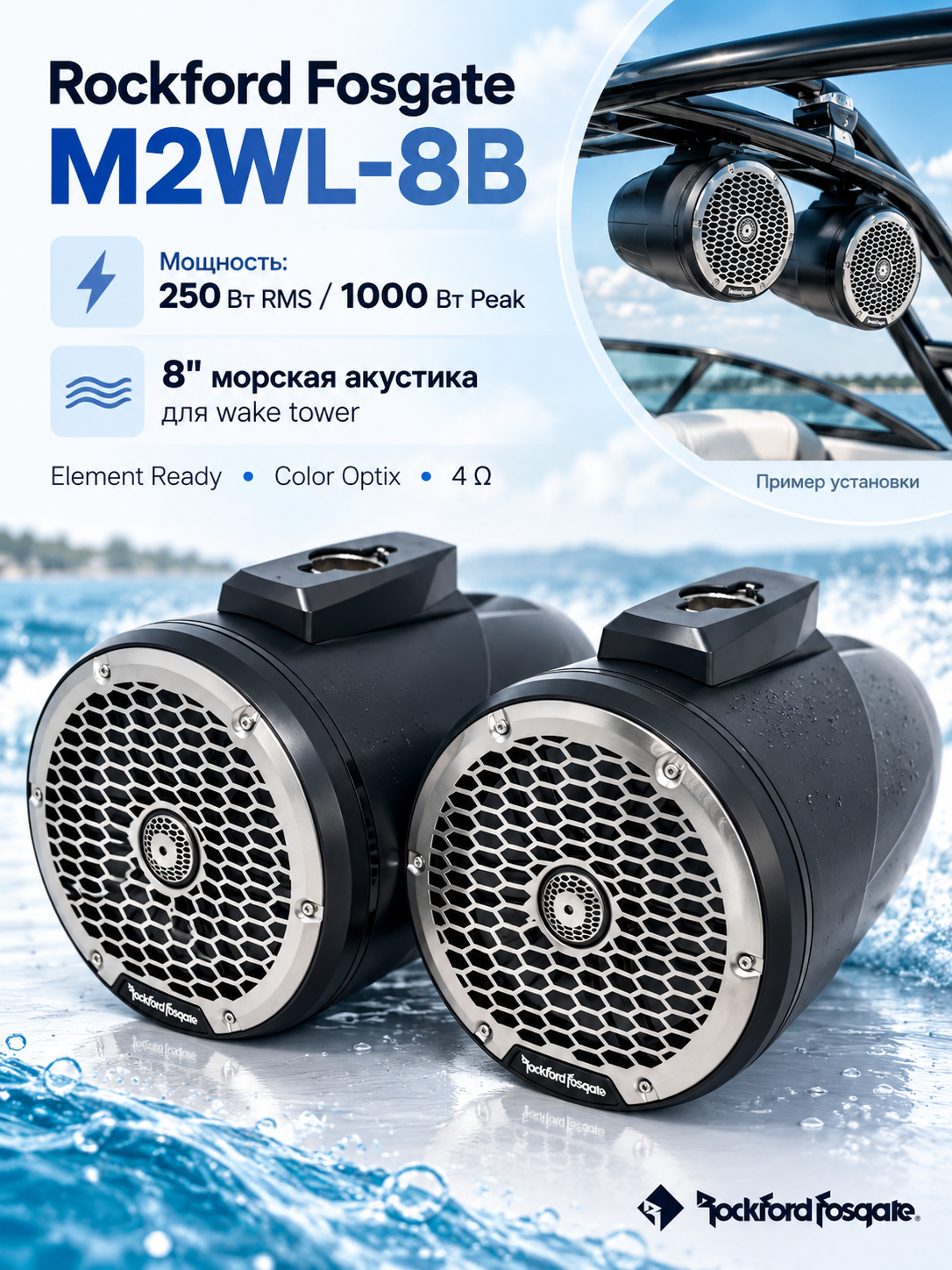 Корпусные влагозащищенные динамики 8" Rockford Fosgate M2WL-8B черный (2 шт. 250Вт. RMS)