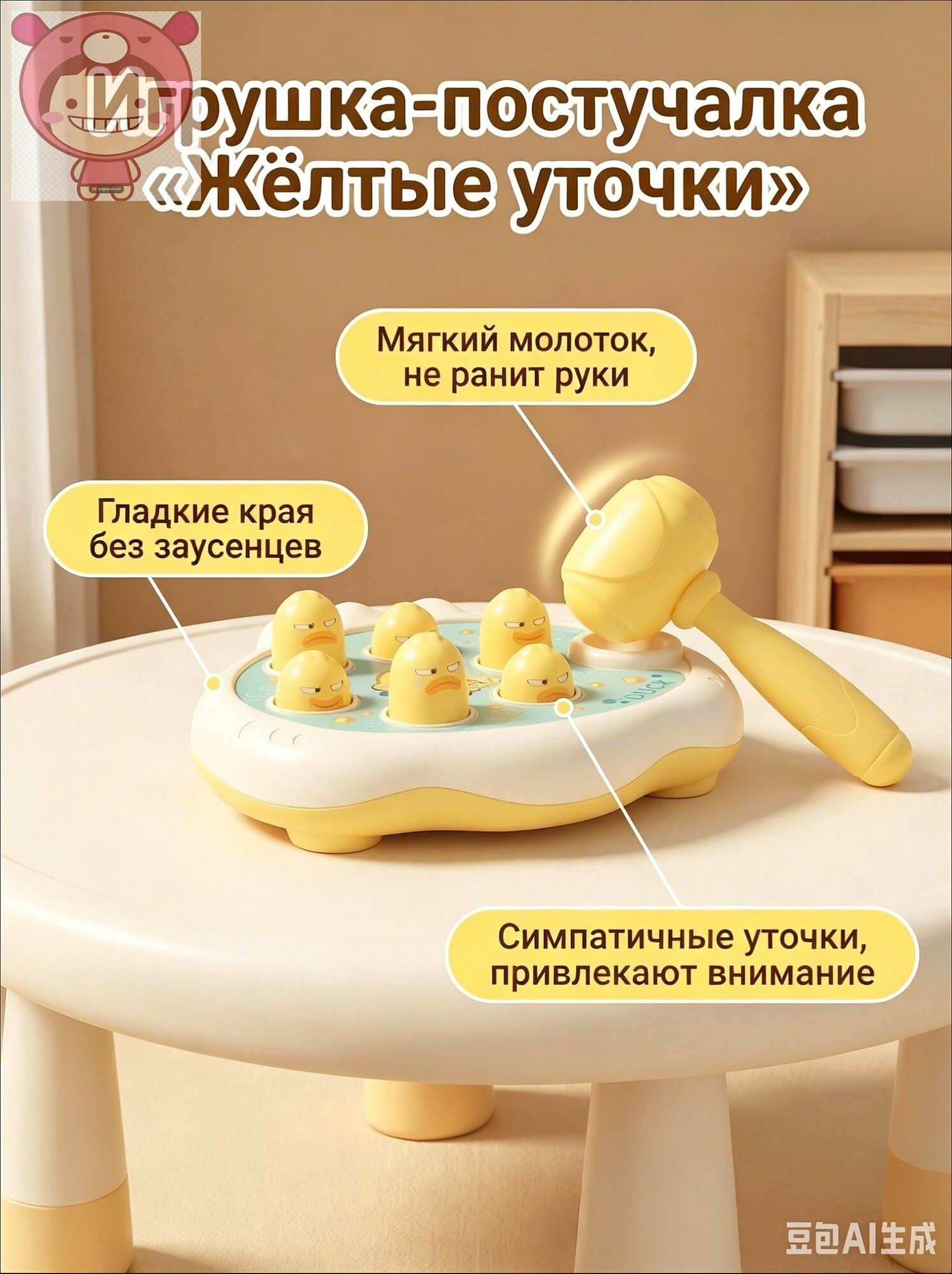 Азвивающая игрушка‑постучалка Жёлтые уточки, игра бей кроту для малышей, с мягким молоточком,