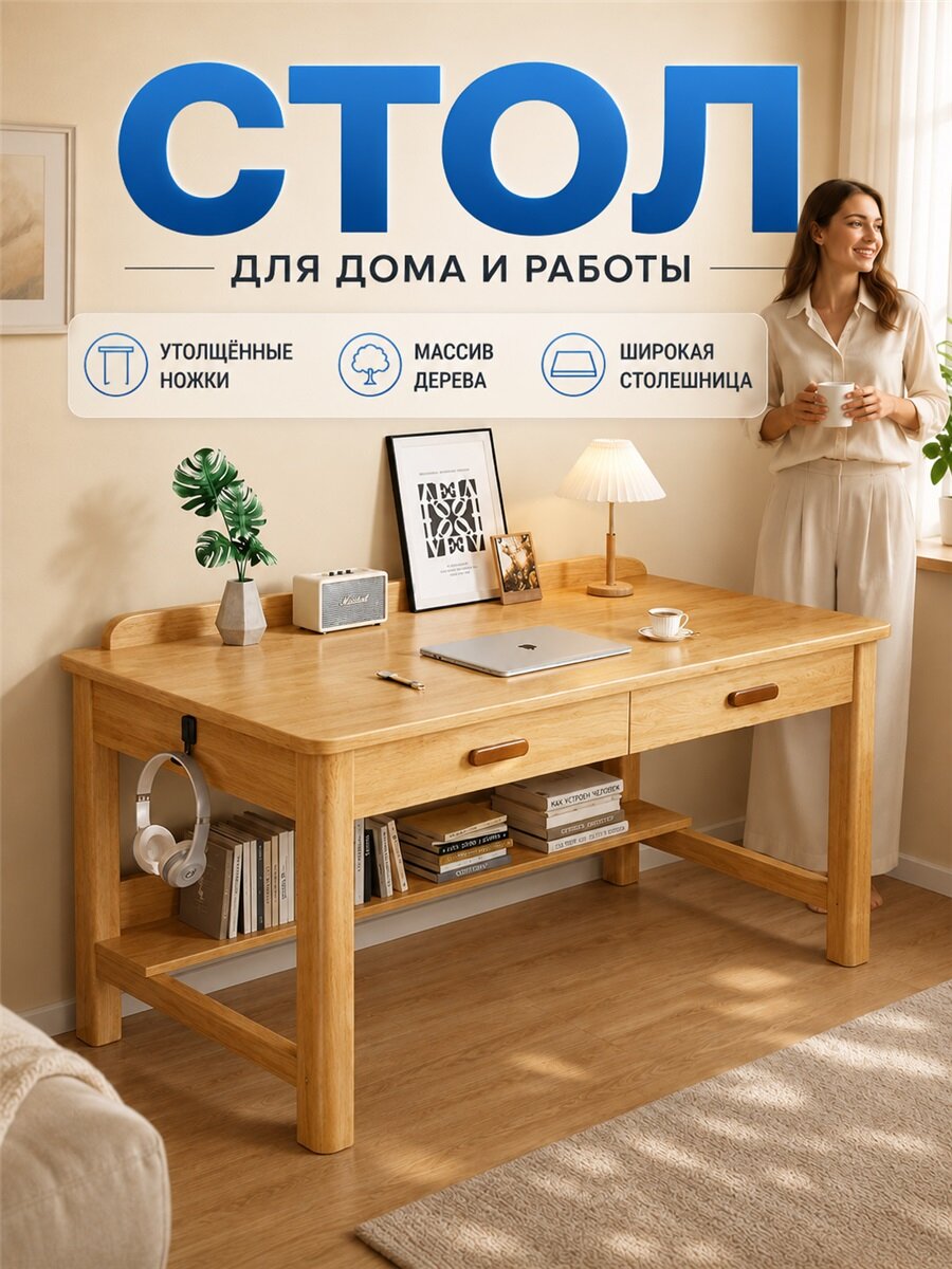 Стол письменный массив дерева широкая поверхность утолщённые ножки функциональная мебель для работы и повседневного использования