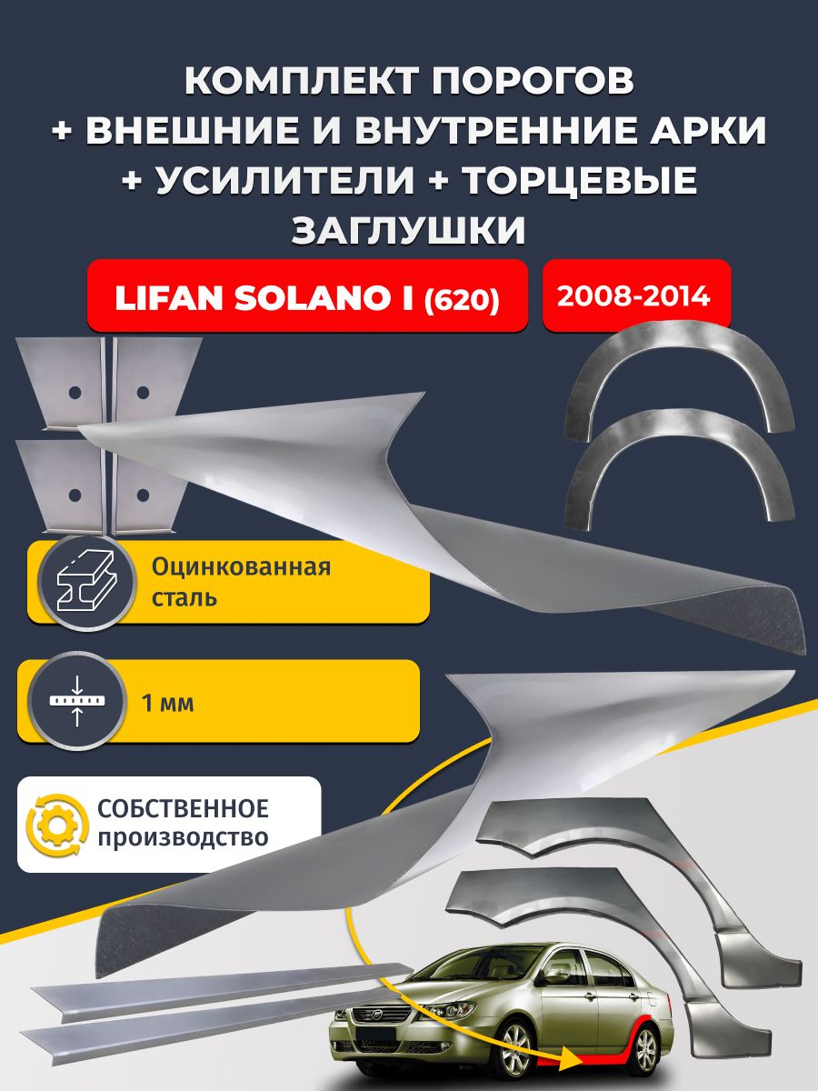 Комплект ремонтных задних внешних и внутренних арок (0,8 мм) + комплект порогов + 4 торцевые заглушки + усилители, на Lifan Solano 1 620 2008-2014 (Лифан Солано 1) Оцинкованная сталь 1 мм