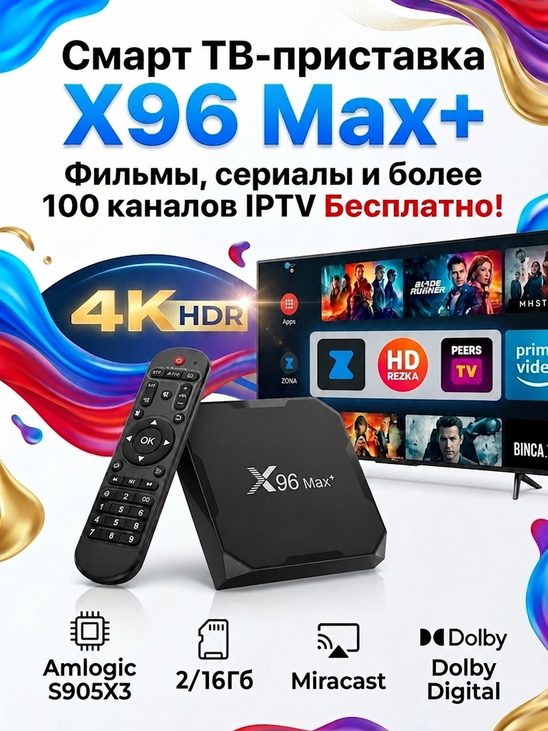 Андроид тв приставка X96 Max Plus Amlogic S905x3 2/16Гб + Фильмы/Сериалы/Каналы IPTV, Гарантия 6 мес
