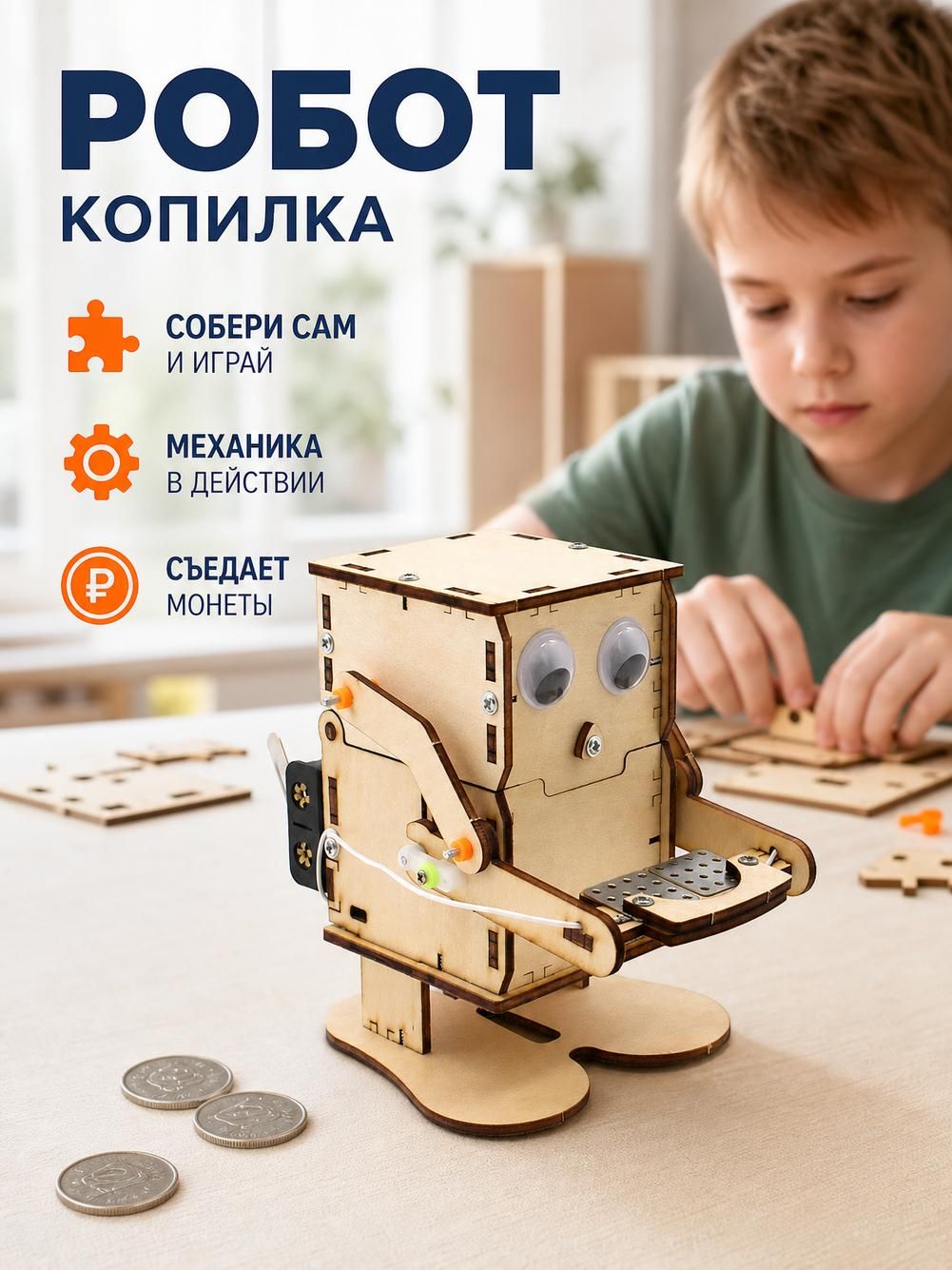 Робот из дерева, для сборки своими руками, развивающий, на батарейках, для детей
