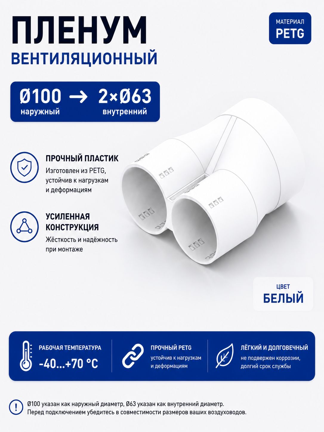 Пленум потолочный вентиляционный 2х63 мм c переходом на круглый 100мм