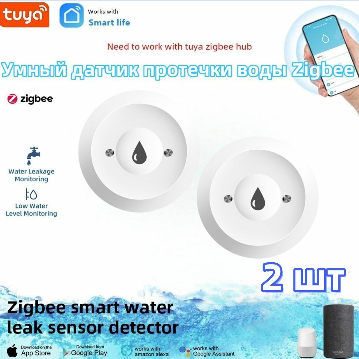 Умный датчик протечки воды Zigbee 3.0, Water Leak Sensor