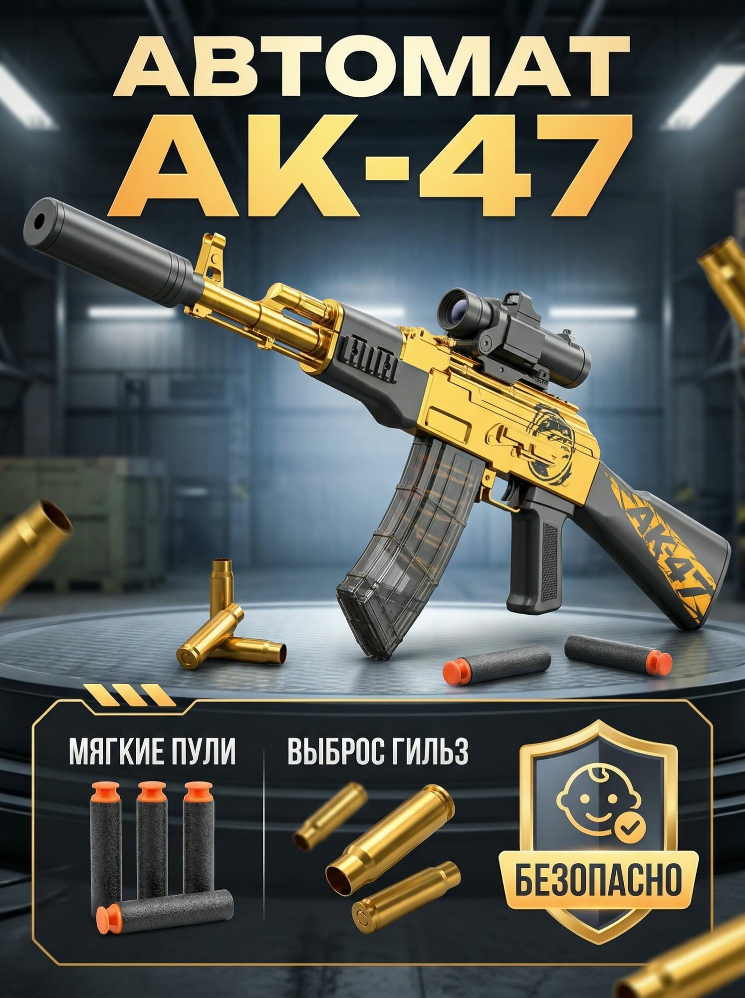 Автомат АК47 игрушечный с мягкими пулями и присосками, бластер детский с оптическим прицелом и гильзами