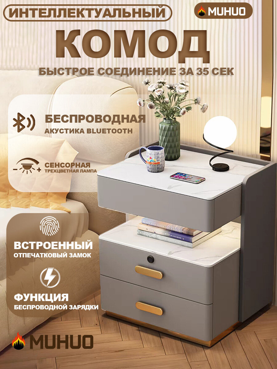 Тумба прикроватная с беспроводной зарядкой, USB и Bluetooth-колонкой, индуктивной подсветкой и замком отпечатка