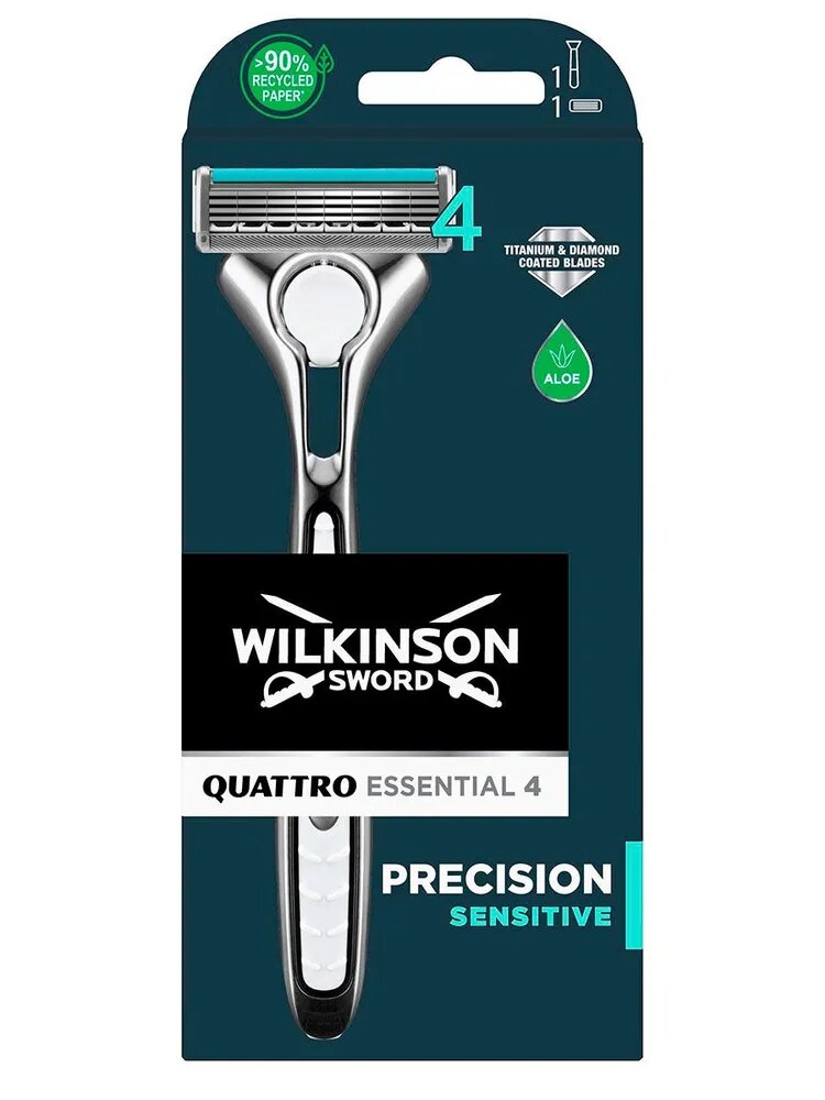 Wilkinson Sword Schick Quattro Titanium Бритва Essential Sensitive (1 станок, 1 кассета), 4 лезвия 1 лезвие-триммер
