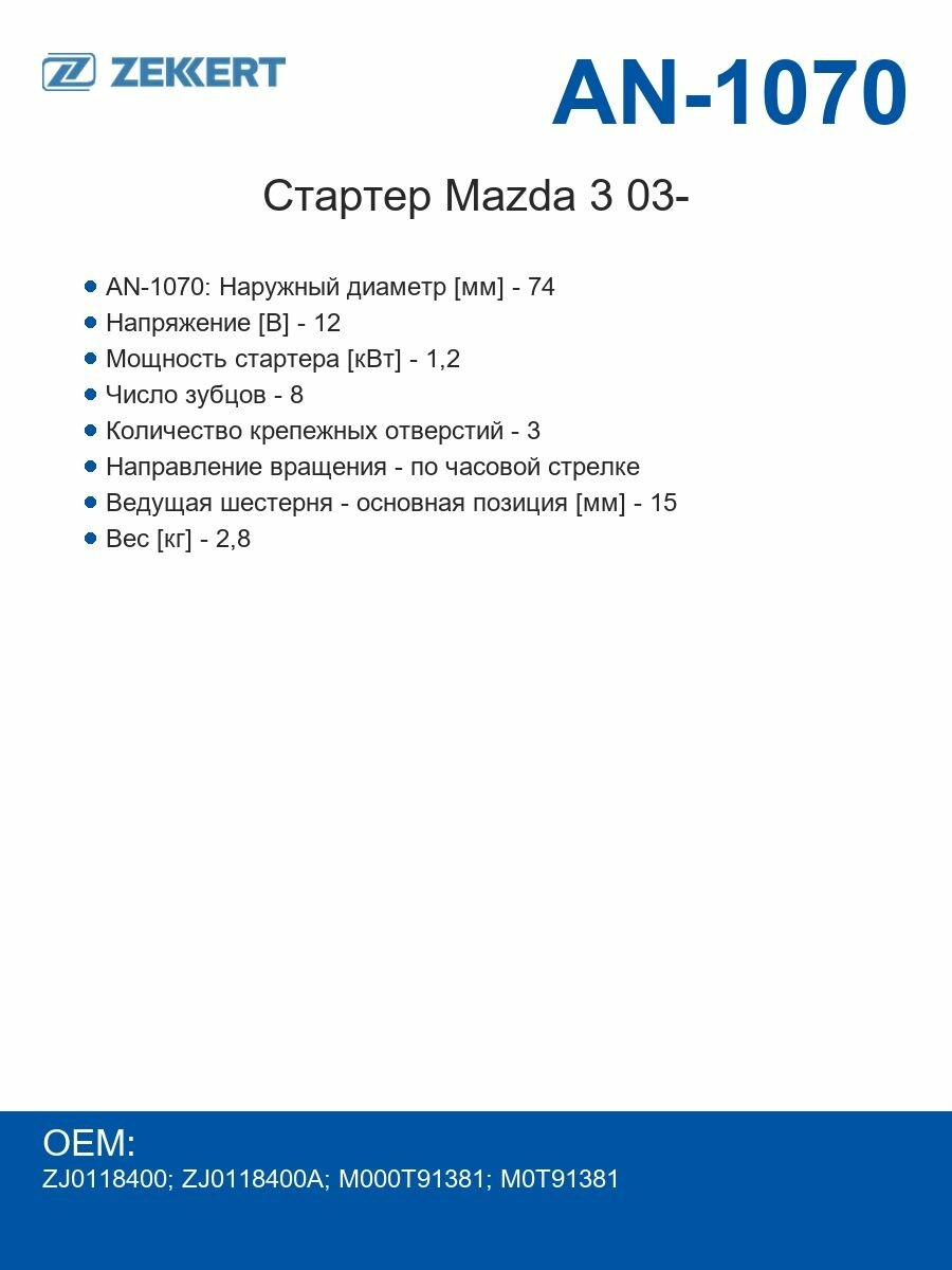 Zekkert Стартер Mazda 3 03-