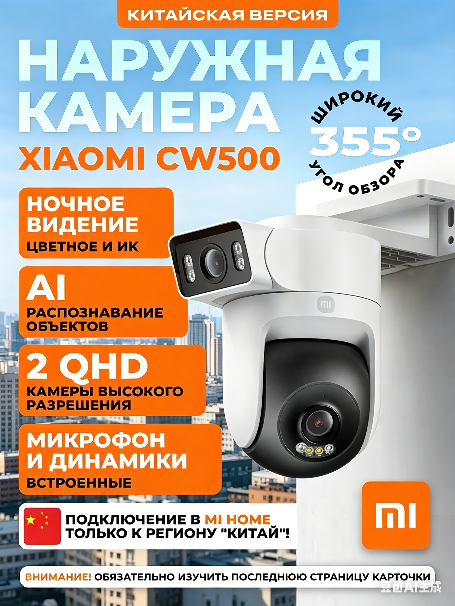 Xiaomi CW500 CN — уличная WiFi камера видеонаблюдения 1080p Full HD, ночное видение, Mi Home