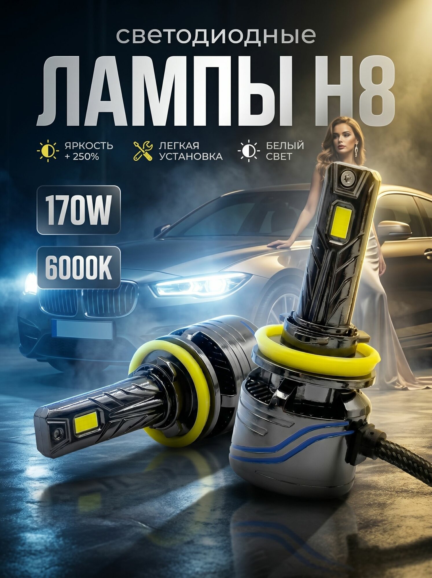 Светодиодные лампы H8 в противотуманные фары Hyundai i30 2012-2017 / Яркие лампы 170w . LED лампы Н8 в птф на Хендай i30