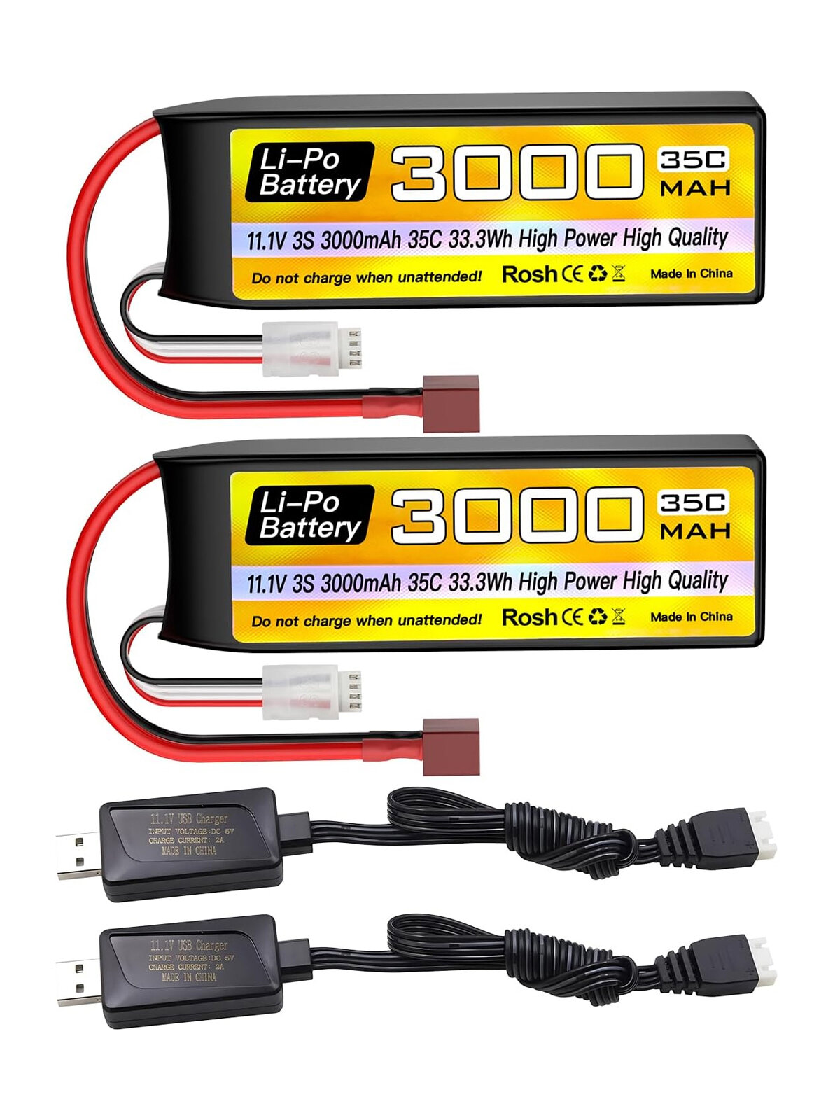 2 аккумулятор 3S 11.1V 3000 мАч 35C Lipo с T - разъемом и зарядным кабелем USB для автомобилей RC, грузовых автомобилей, дистанционно управляемых судов