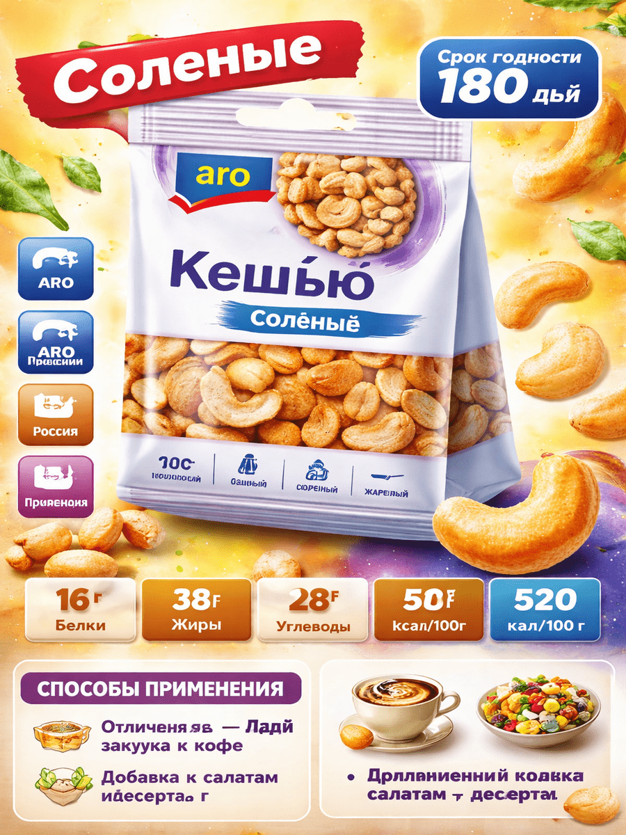 Aro Кешью жареный соленый, 120г