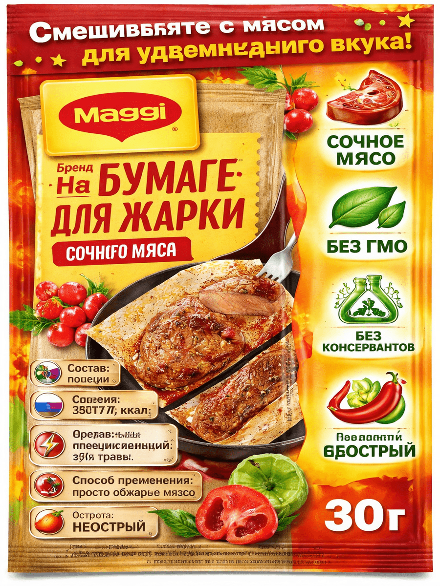 Смесь специй Maggi На второе на бумаге для жаркое и сочного мяса, 30г