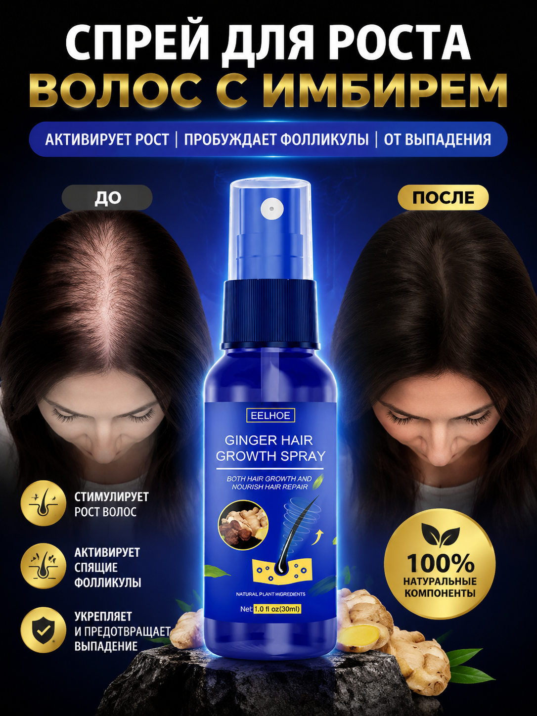 Спрей для роста волос с имбирем, подходит для всех типов волос
