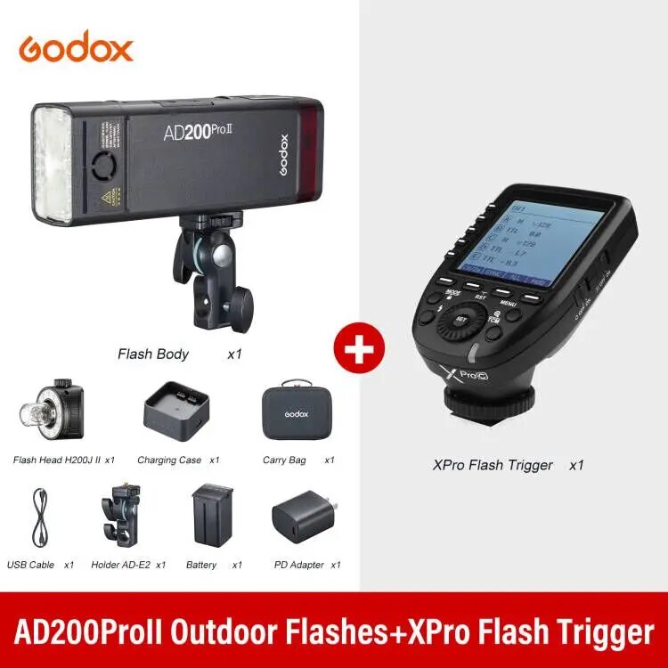 Godox AD200ProII TTL 2.4G беспроводной карманный фонарик для камеры, совместимый с Nikon, Canon, Sony, Fuji, Olympus