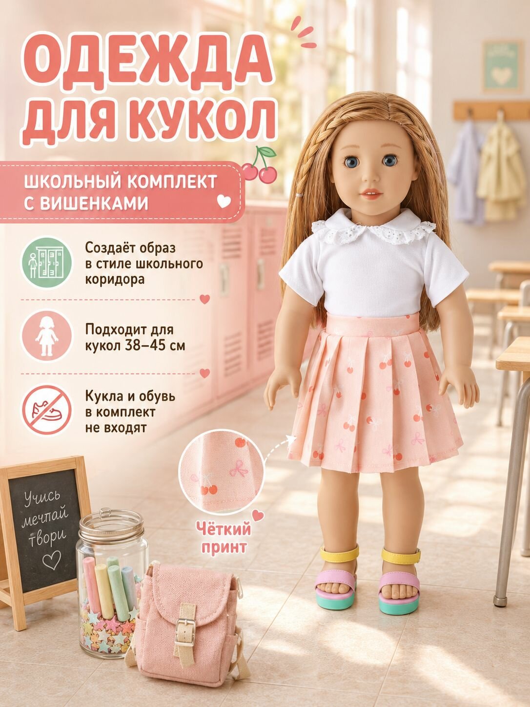 Одежда для кукол 38-45 см, комплект футболка с кружевным воротником и юбка в вишневый принт, универсальный для American Girl и аналогов, 6 расцветок
