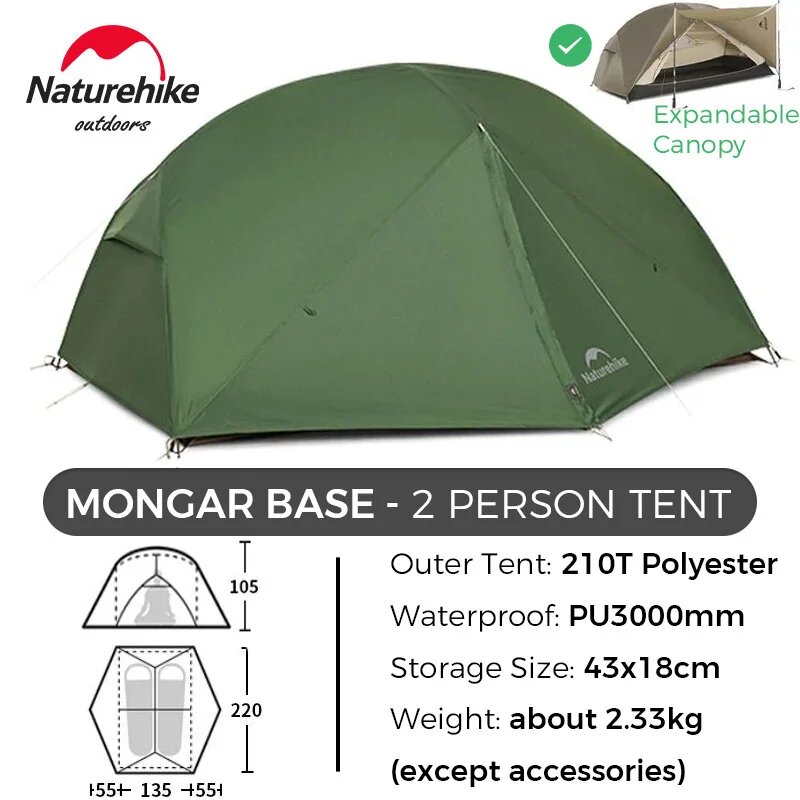 Палатка Naturehike Mongar PRO/UL/BASE для 1, 2, 3 человек с разширяемым козырем, легкая палатка для кемпинга, походов, водонепроницаемое укрытие, палатка для походов с рюкзаком