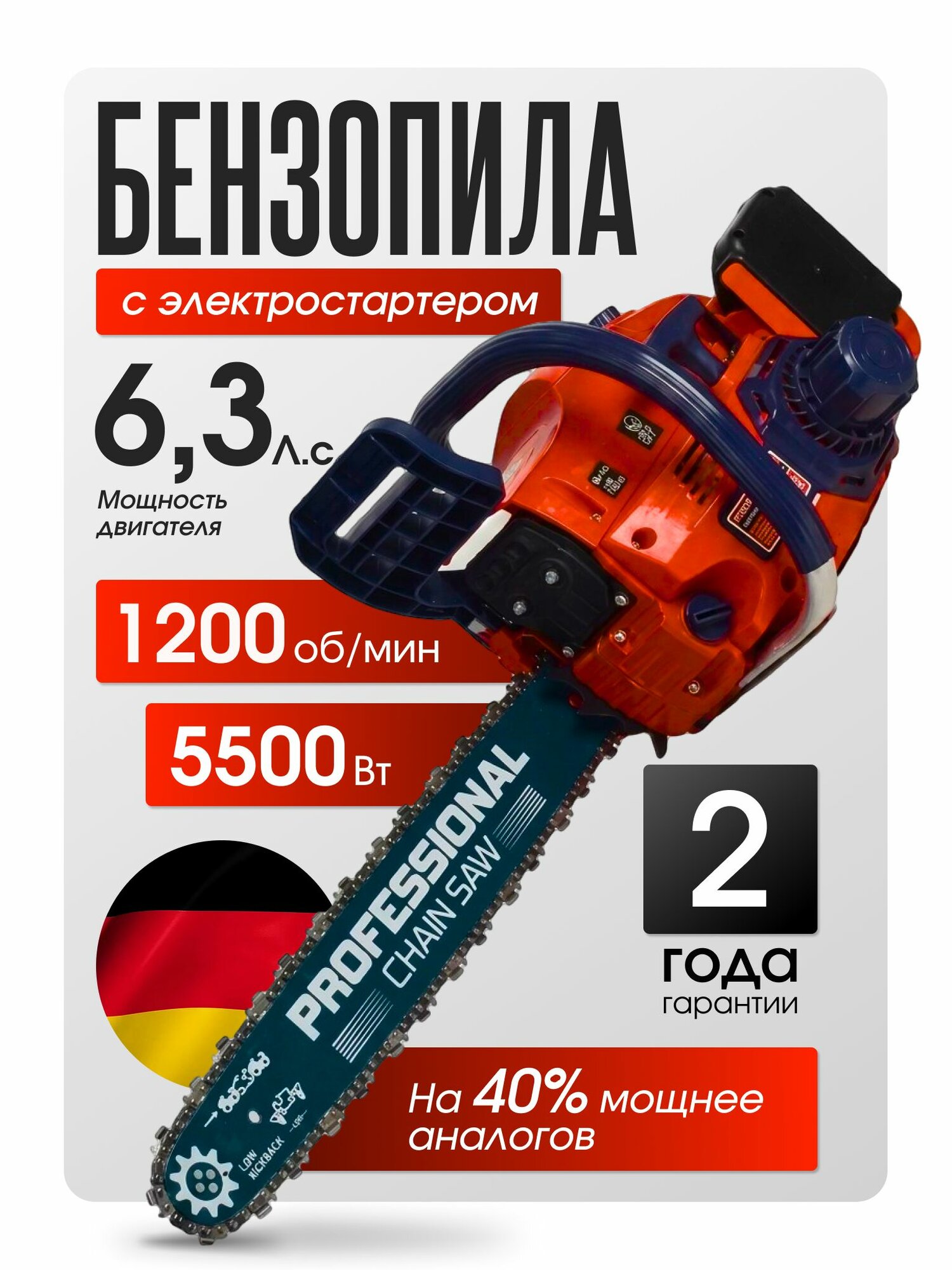 Бензопила бензиновая цепная HANTEL BS-12000E Electric (6.3 л. с, 6.0 кВт, 12000 об/мин)