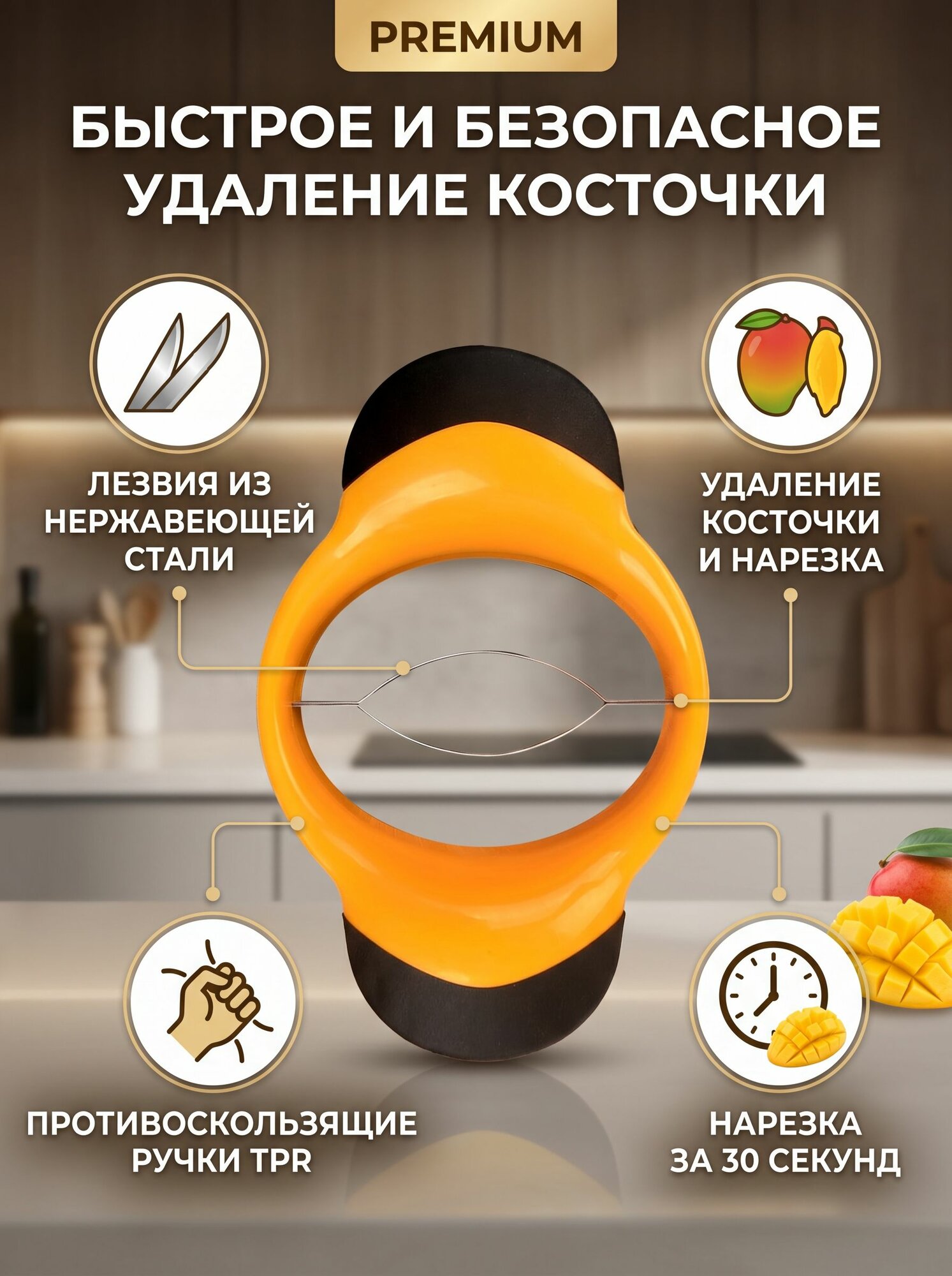 Нож для удаления косточек манго из нержавеющей стали, эргономичная ручка, для дома и кухни